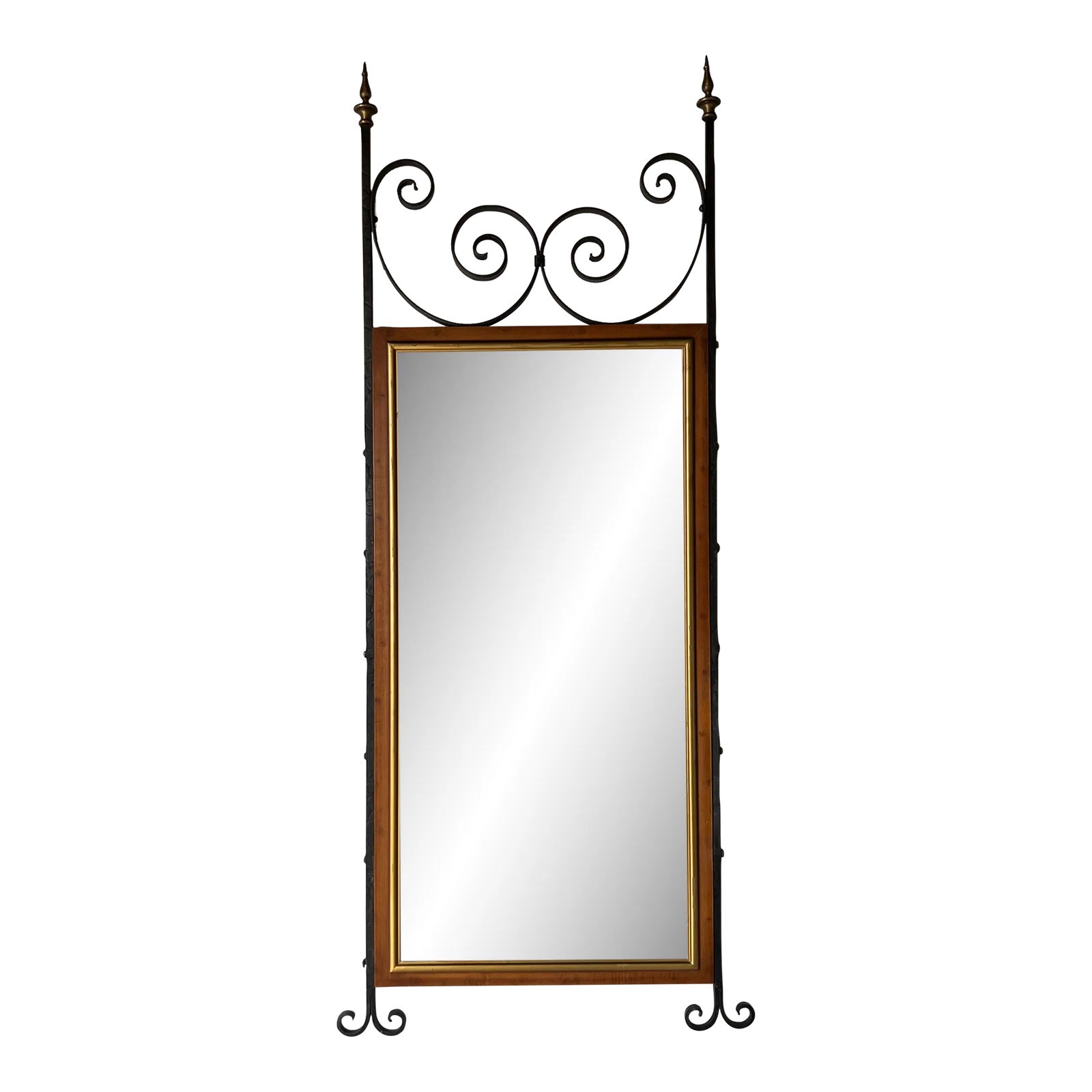 Hollywood Regency Iron and Wood Frame Wall Mirror With Brass Finials ...