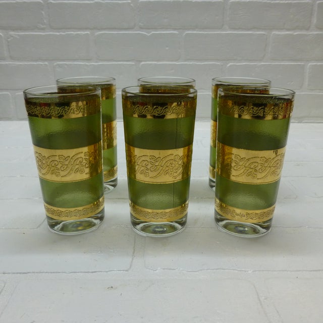Vintage Starlyte Green & Gold Banded Highball Tumbler Glass Set of 6 ...