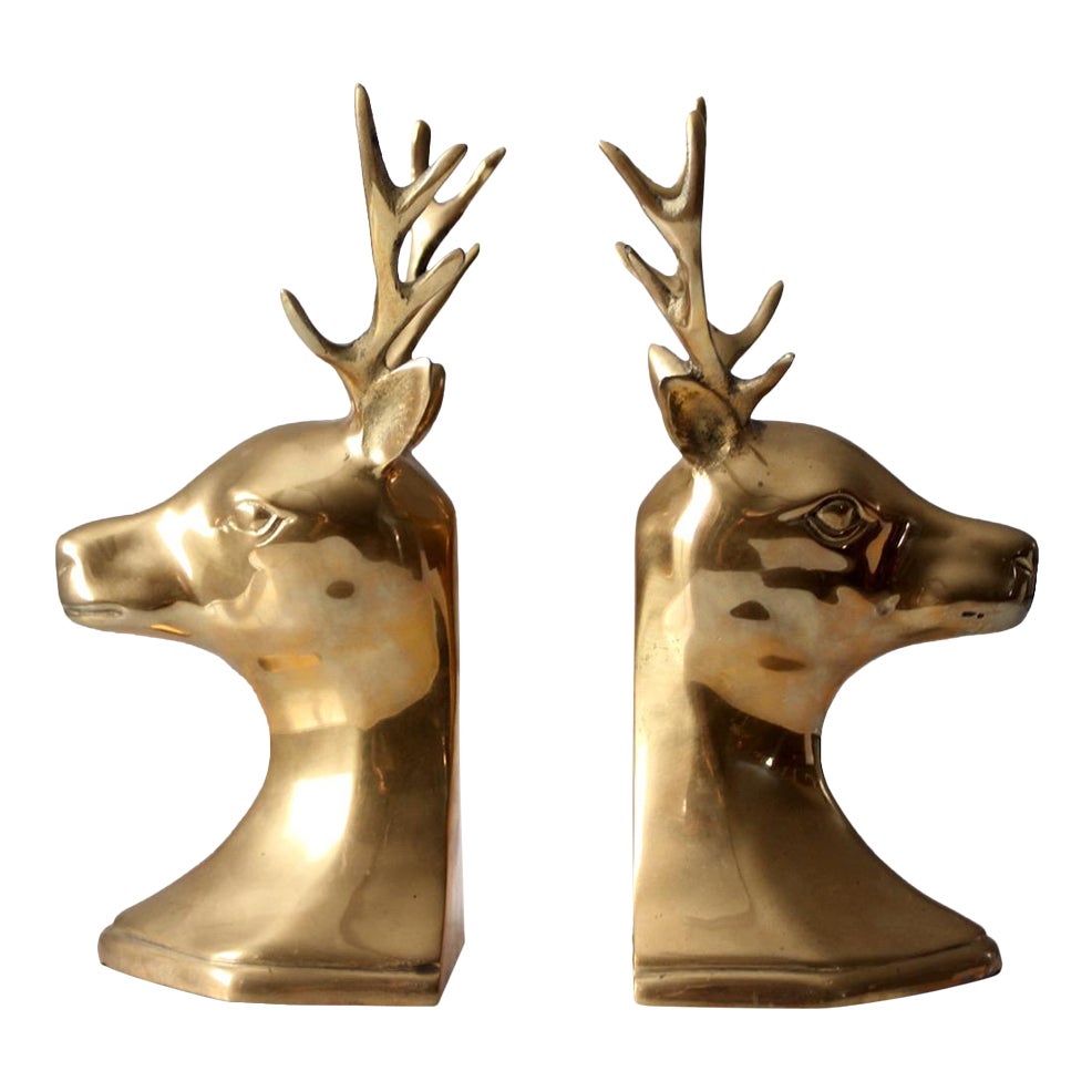 Vintage Large Brass Stag Deer Bookends Pair | Chairish