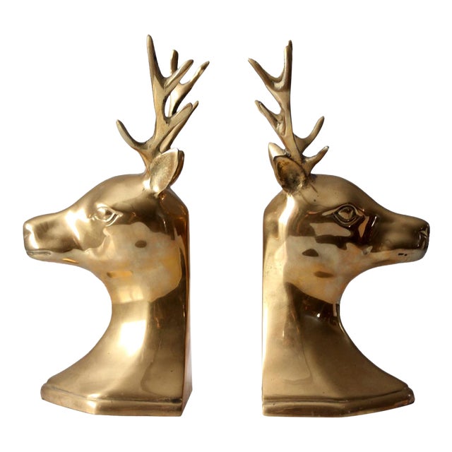 Vintage Large Brass Stag Deer Bookends Pair | Chairish