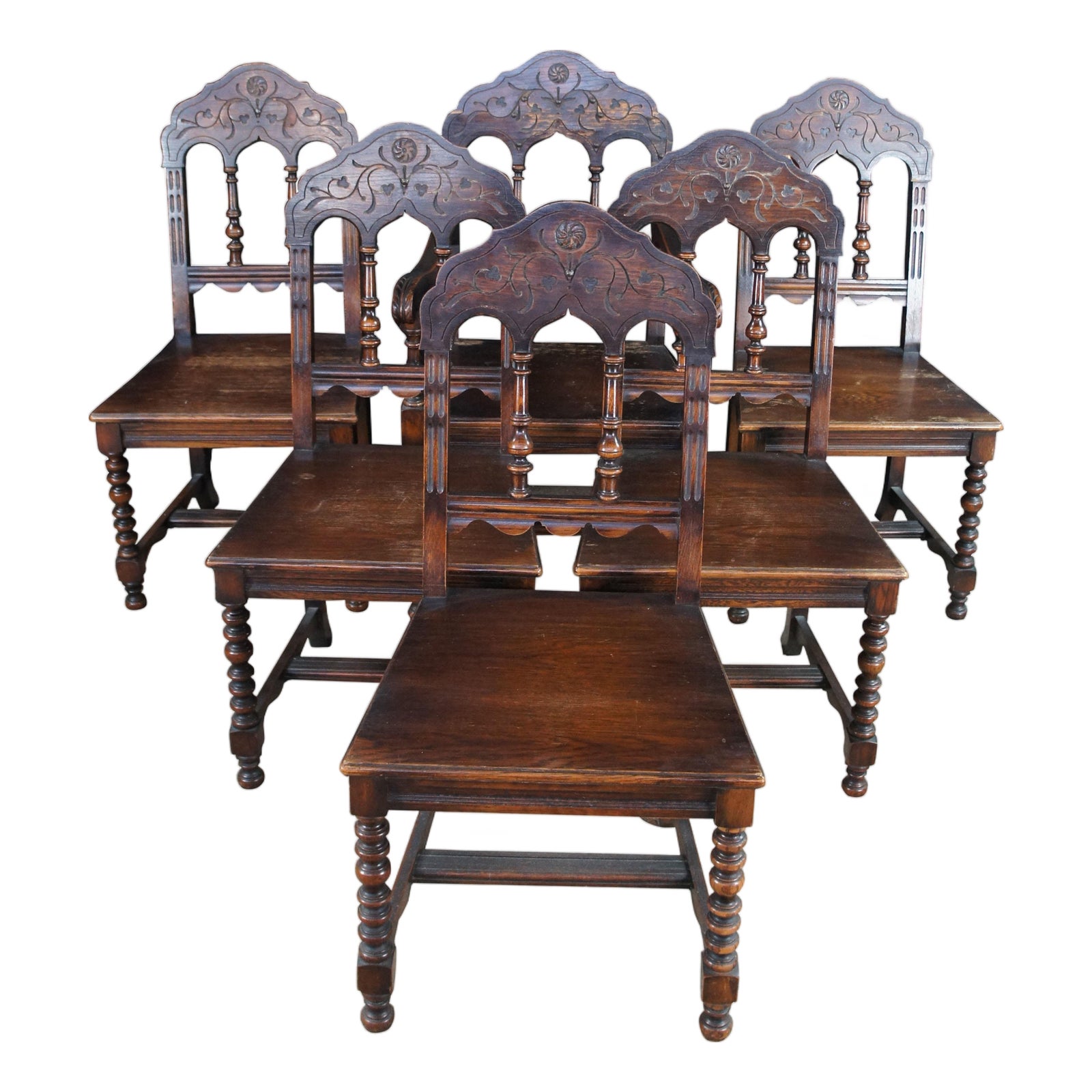 6 Antique Jacobean Spanish Revival Oak Dining Chairs Gothic Arched Back ...