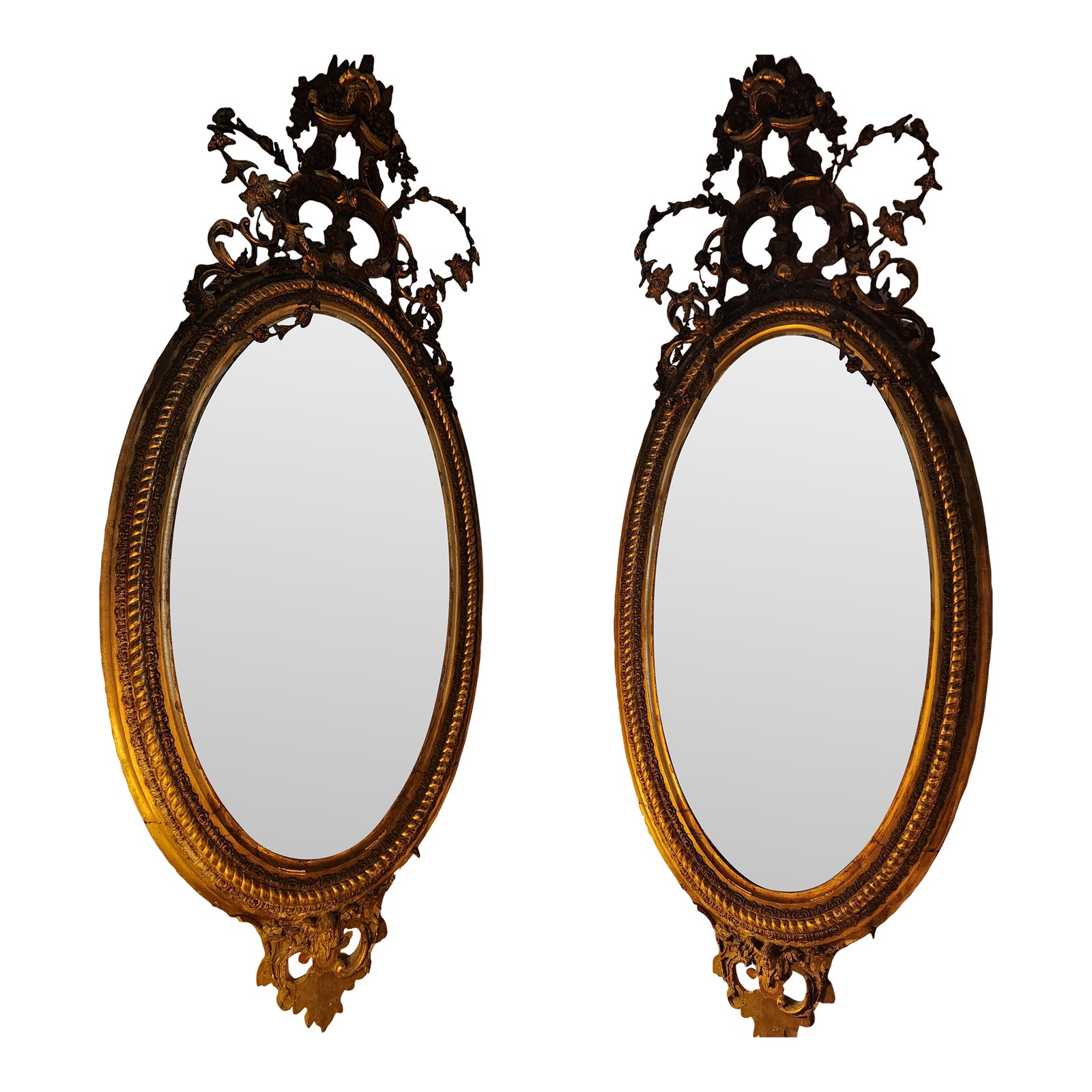 Pair of Monumental 19th-Century Gilt & Gesso Oval Mirrors, European Ca ...