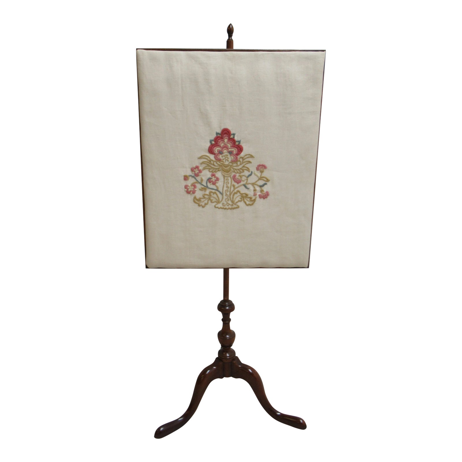 Vintage Mahogany Crewel Work Stitch Fire Screen Fireplace Tools | Chairish