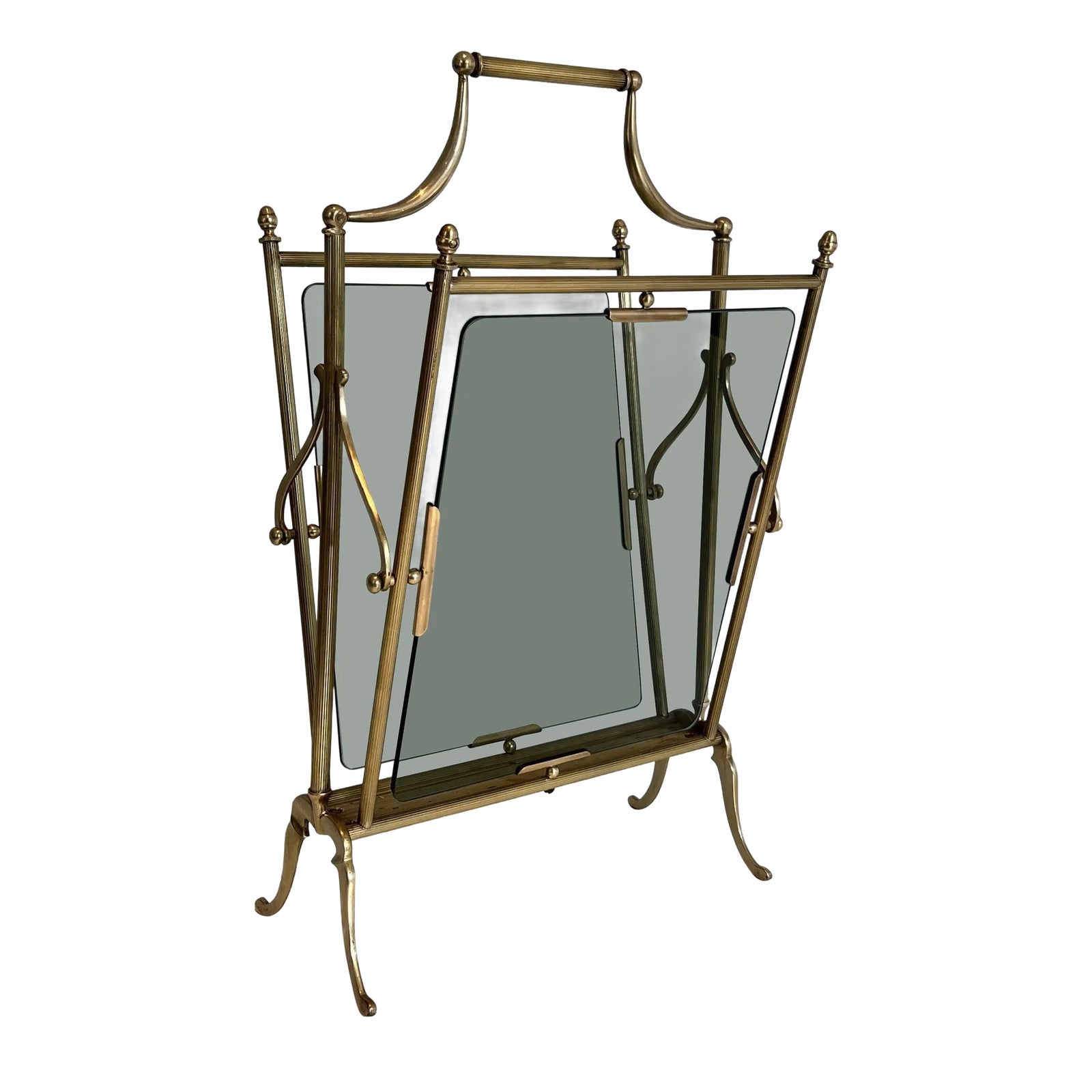 1940 Neoclassical Style Magazine Rack in Brass and Blueish Glass from Maison Jansen | Chairish