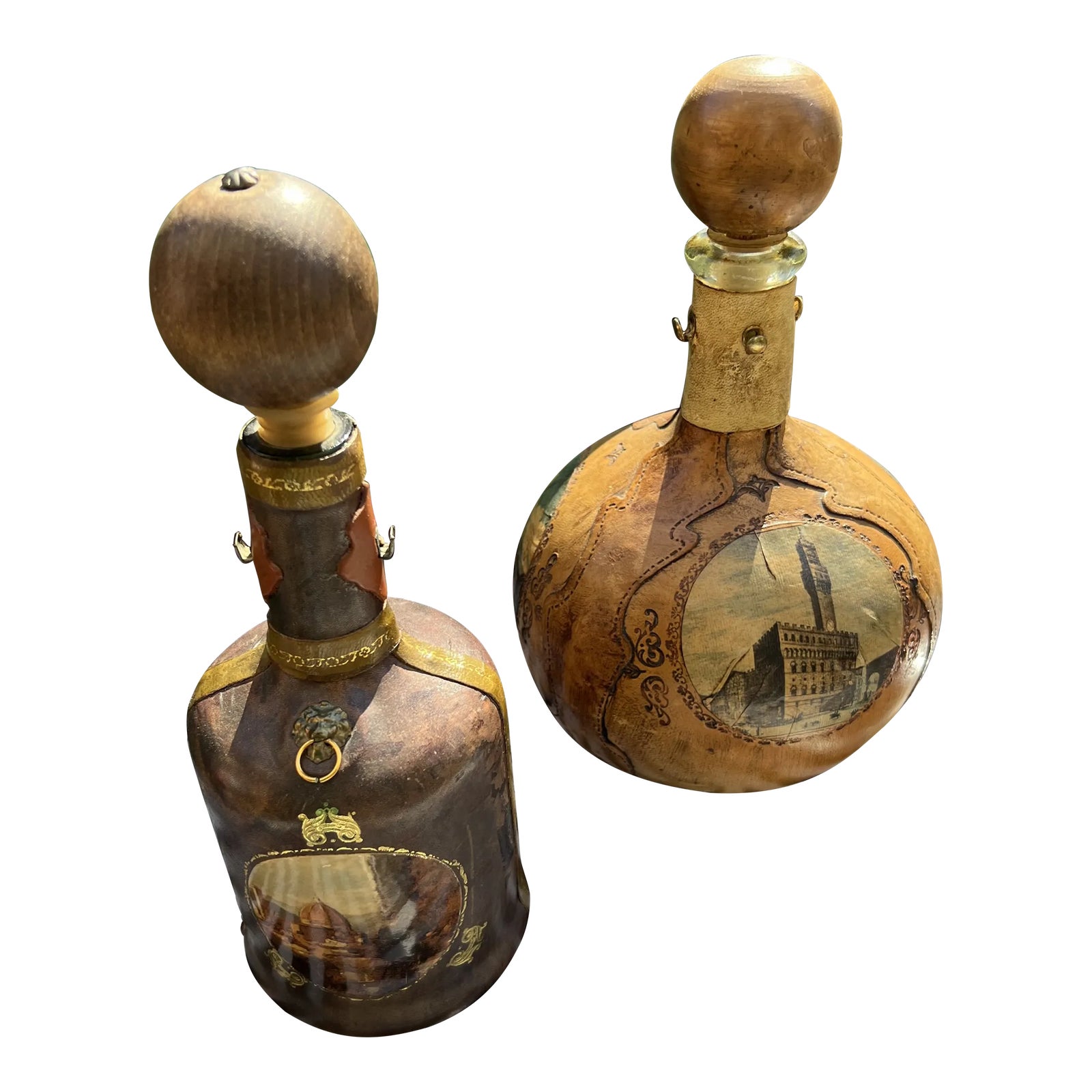 Vintage Authentic Italian Hand Tooled Leather Wrapped Bottles- Set of 2 ...