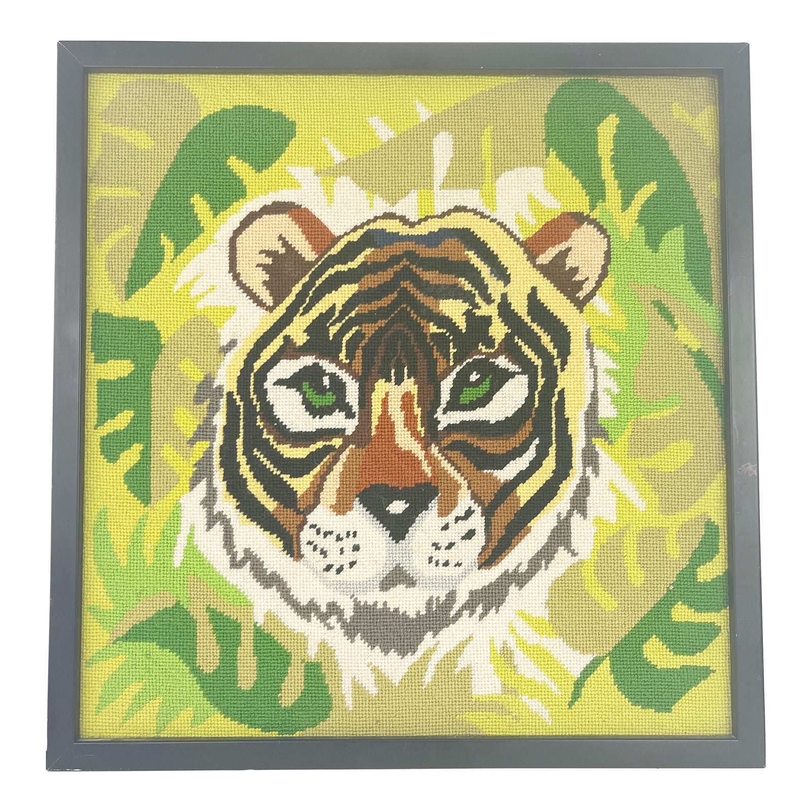 1970s Needlepoint Tiger Framed Artwork | Chairish