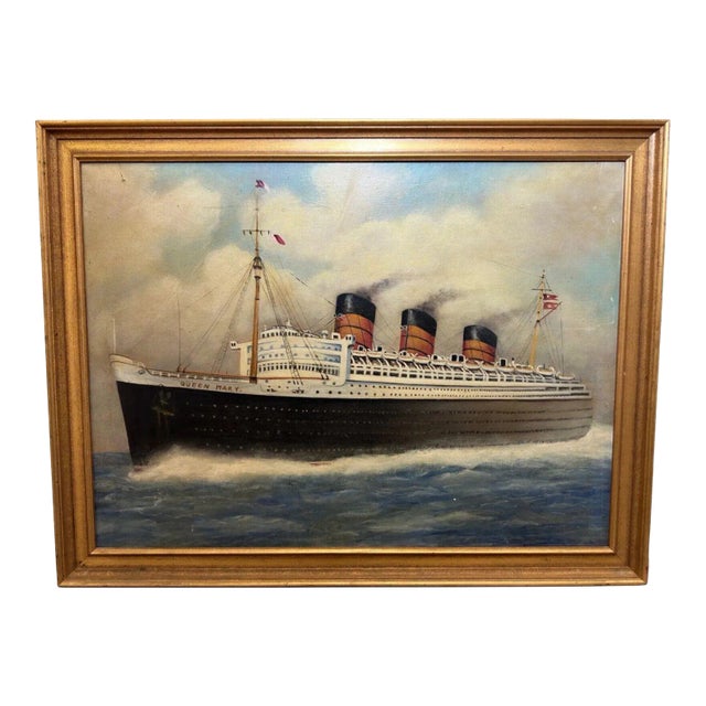 British Seascape Oil Painting Rms Queen Mary Steam Ship on Choppy Seas ...