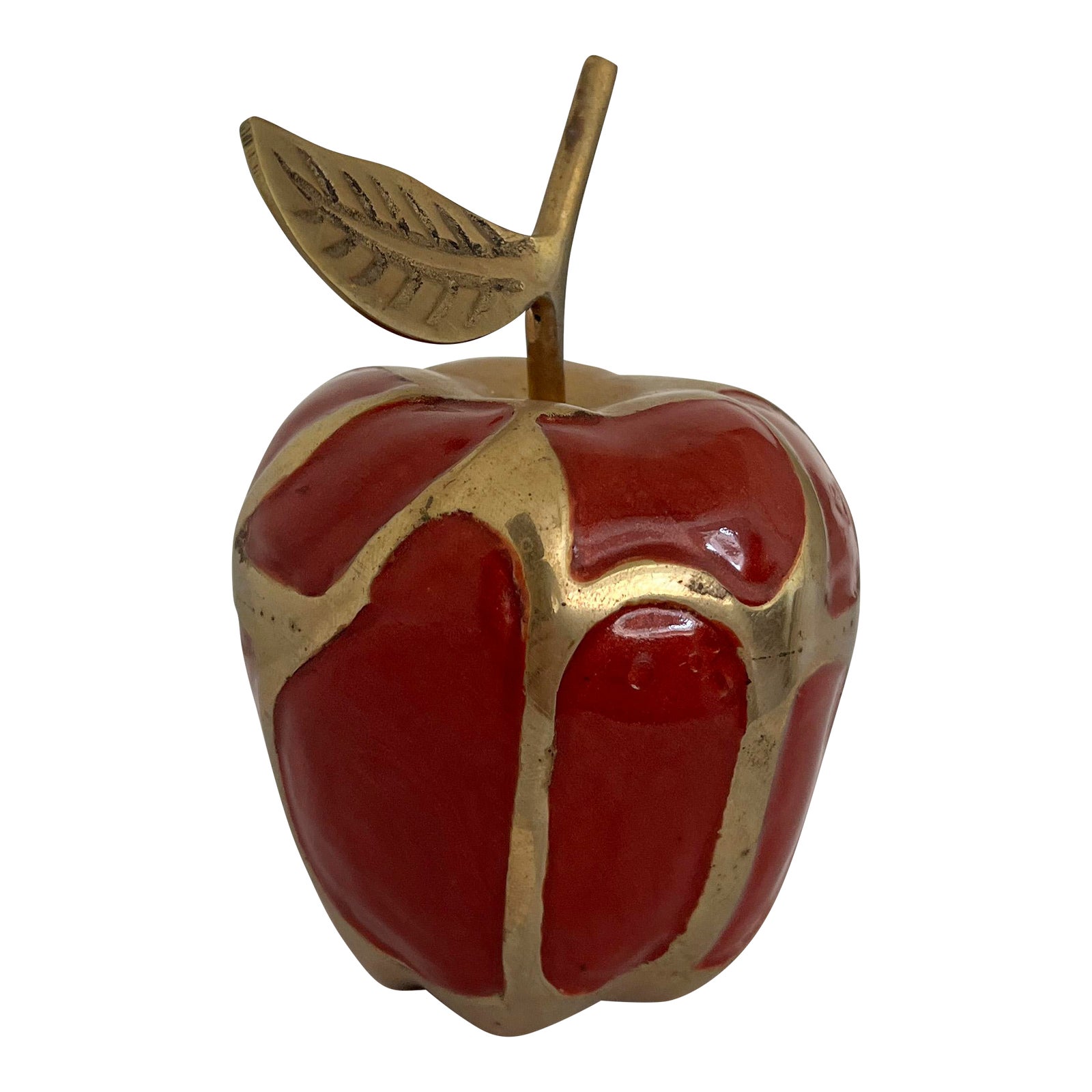 Vintage Brass Red Enamel Apple Figurine Paper Weight | Chairish