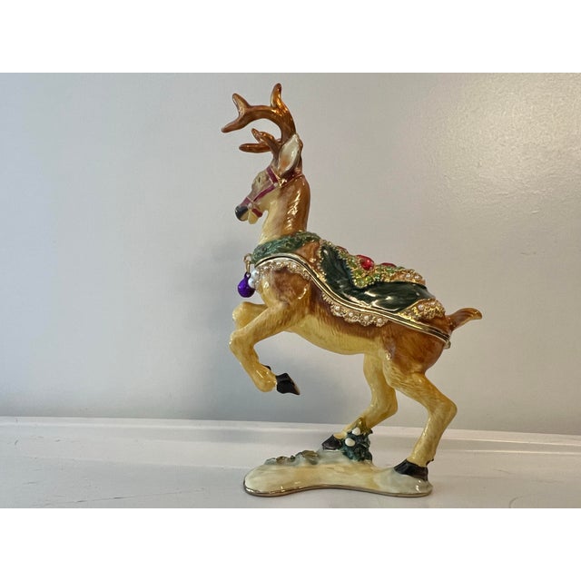 1990s Goldtone Enameled Reindeer Trinket Box With Bejeweled Crystals ...