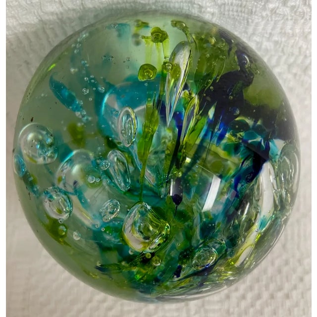 Jeff Price Hand Blown Art Glass Orb/Paperweight on Stand | Chairish