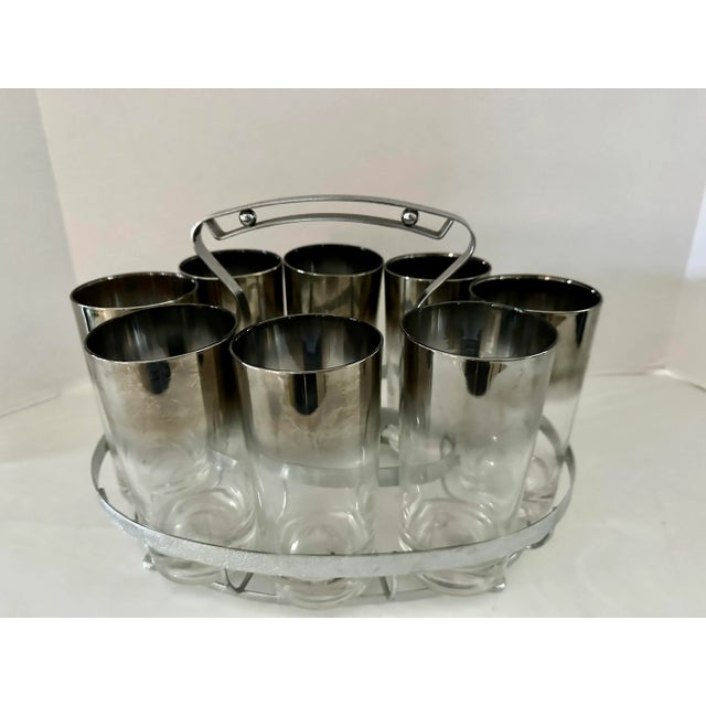 Dorthy Thrope Style MCM Mercury Fade Glasses and Caddy Set of 8 | Chairish