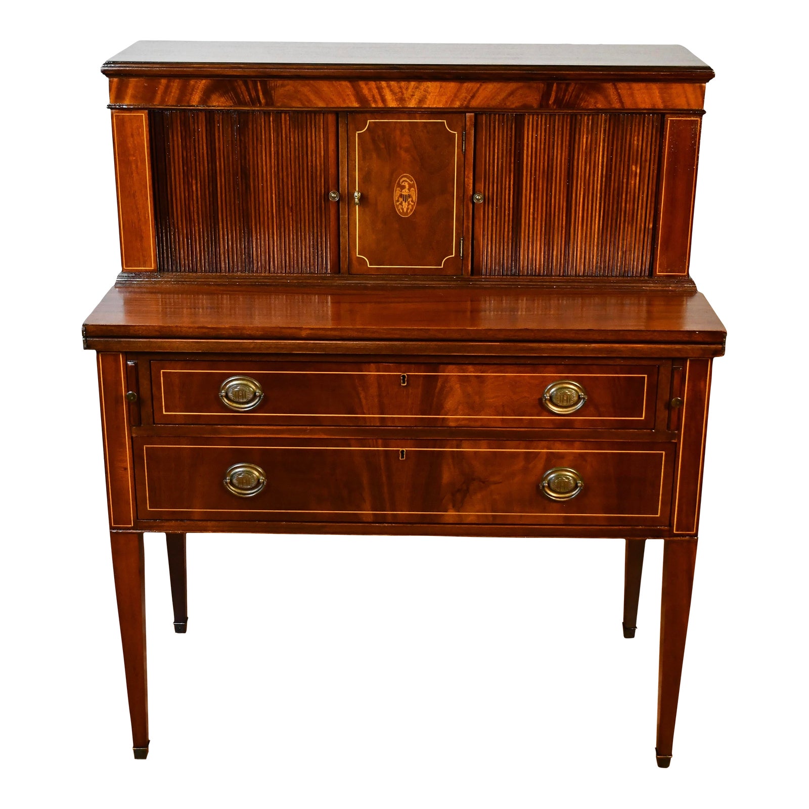 1910s Antique English Sheraton Mahogany Inlaid Secretary / Writing ...