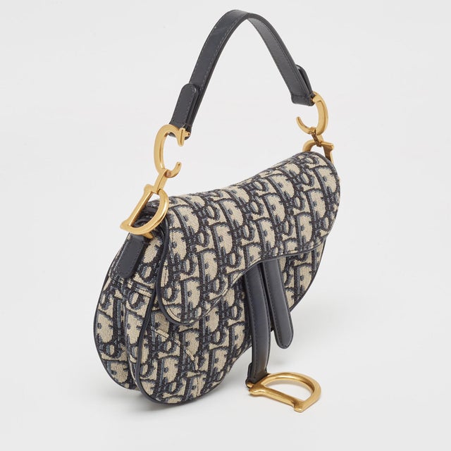 Dior Navy Blue Oblique Canvas And Leather Mini Saddle Bag | Chairish