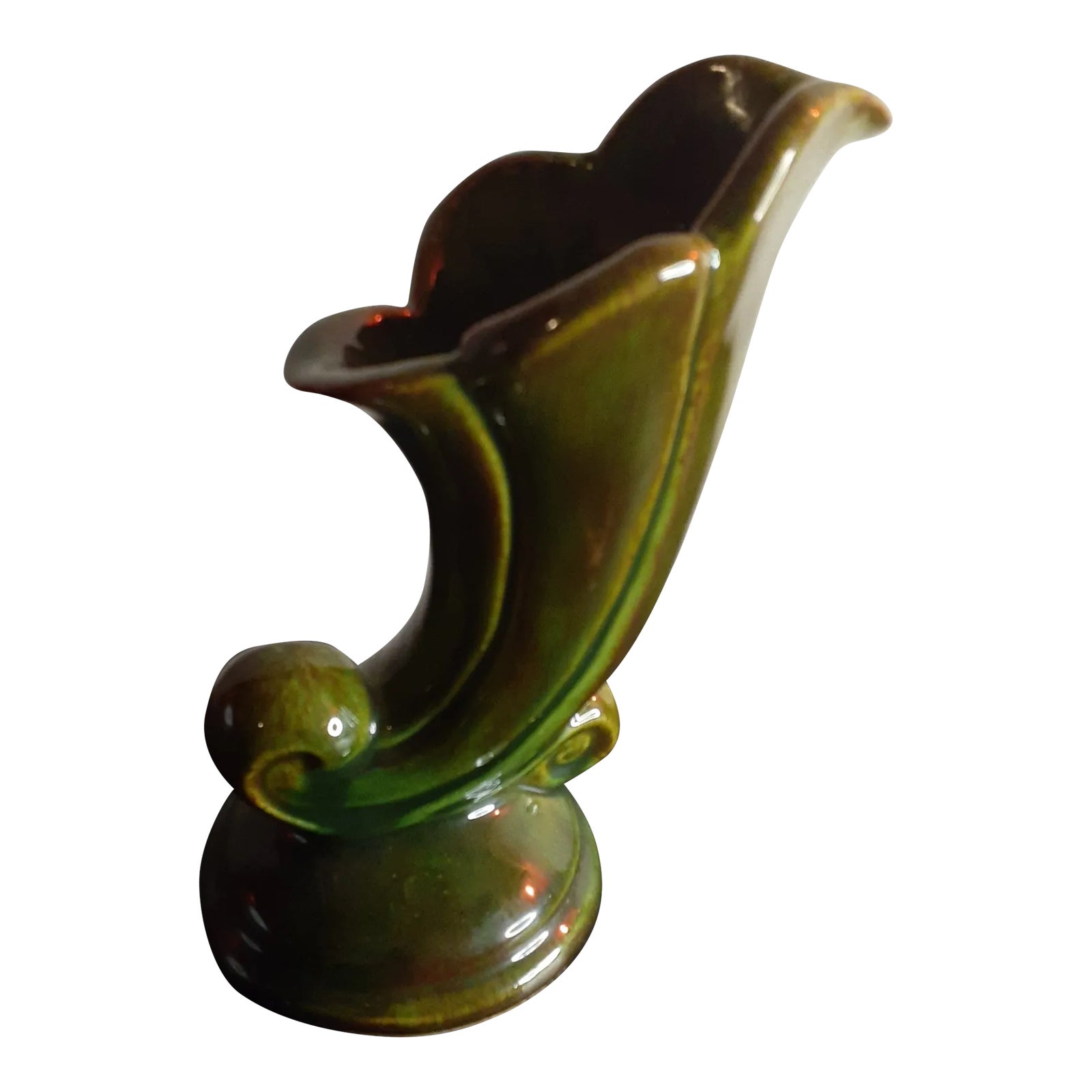Vintage Red Wing Green Cornucopia Vase | Chairish