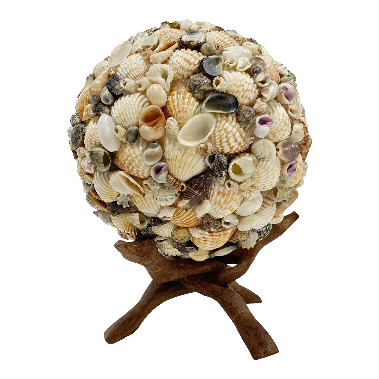 Vintage Shell Encrusted Orb on Twig Wood Stand | Chairish