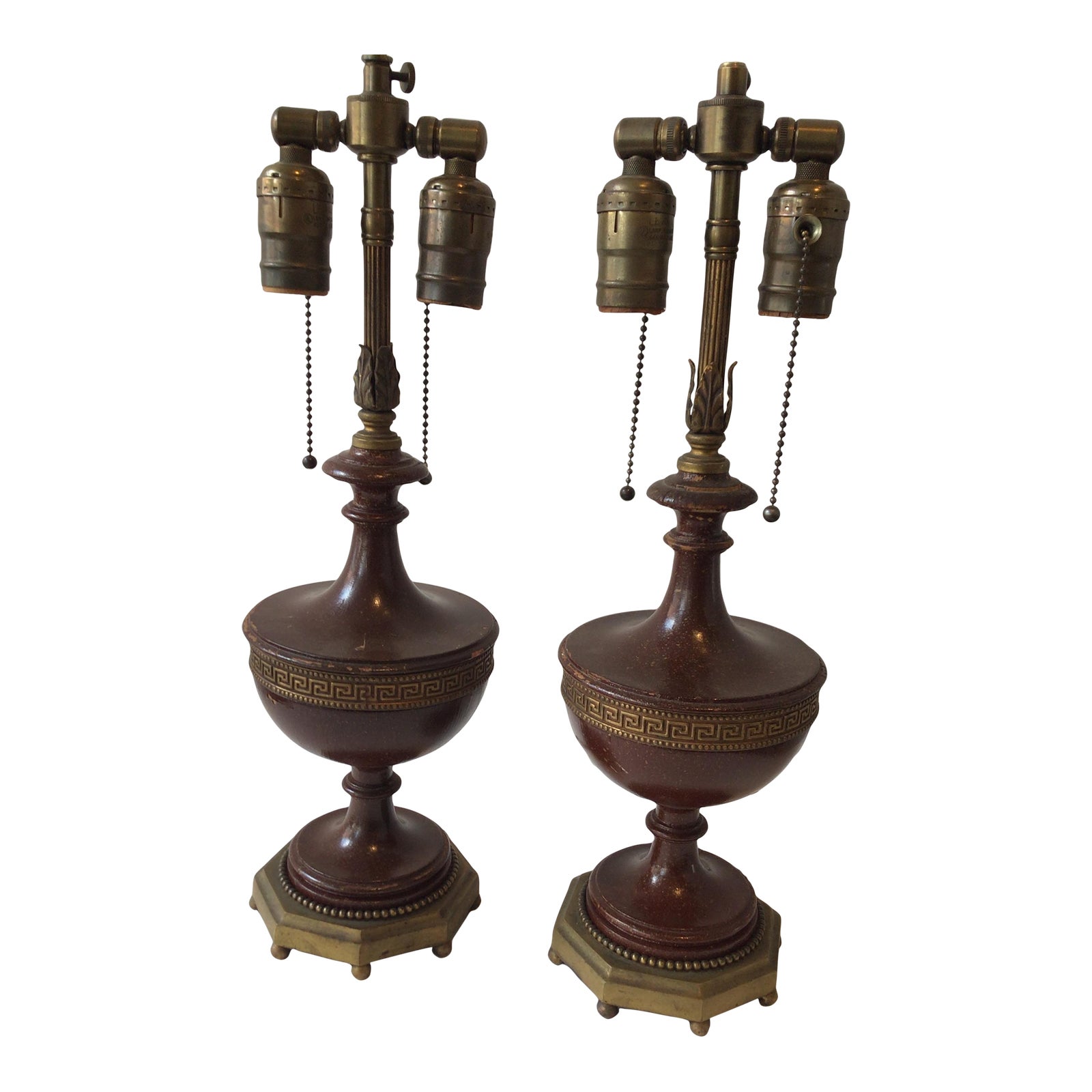 1920s Wood Greek Key Lamps - A Pair | Chairish