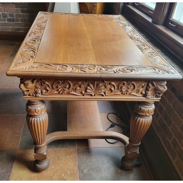 Antique Carved Oak Desk/Library Table | Chairish