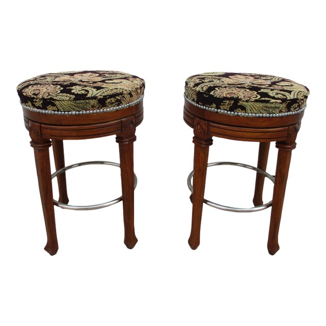 Regency Style Upholstered Swivel Counter Stools -A Pair | Chairish