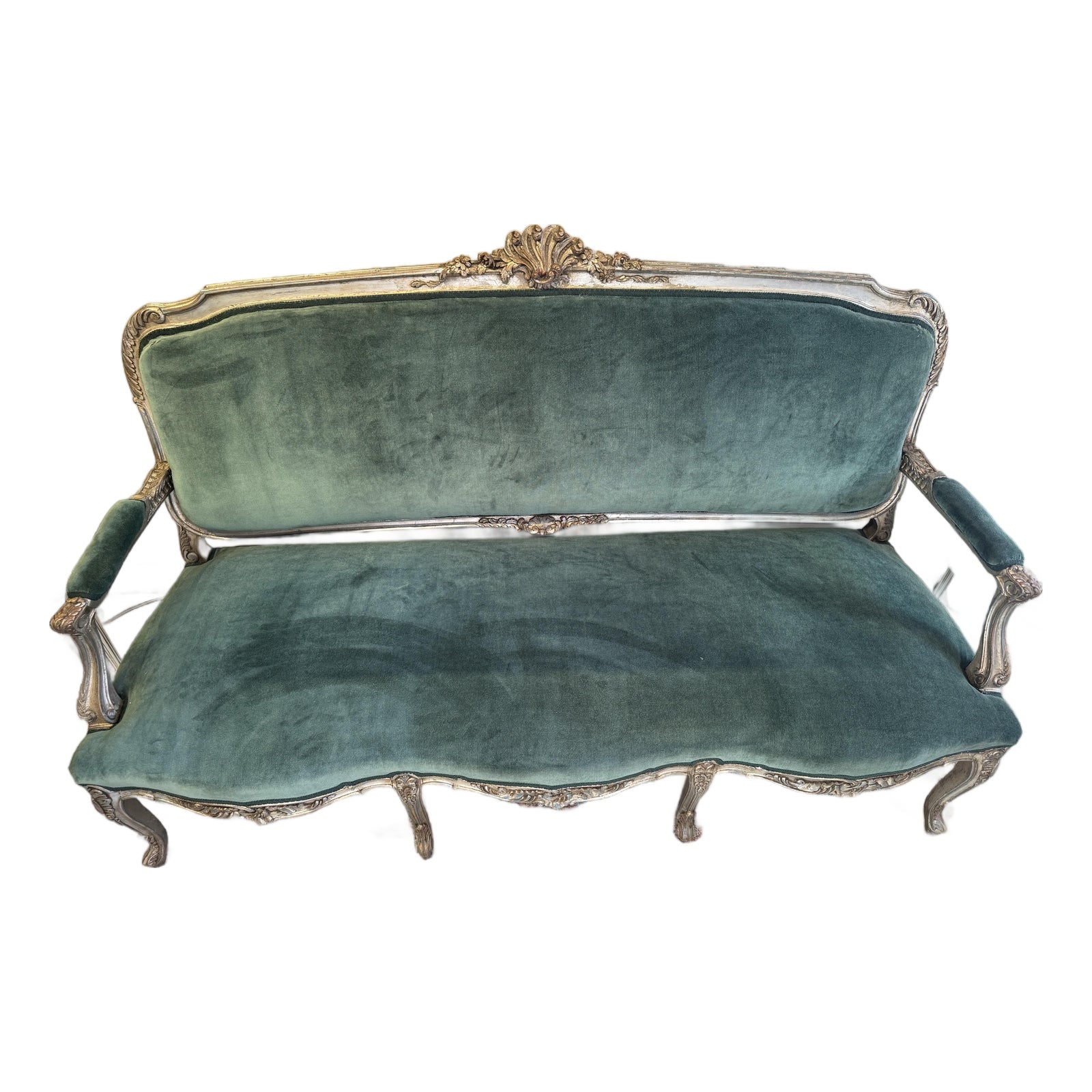 Antique 19th Century Louis XV Style Velvet Settee With Silver Leaf ...
