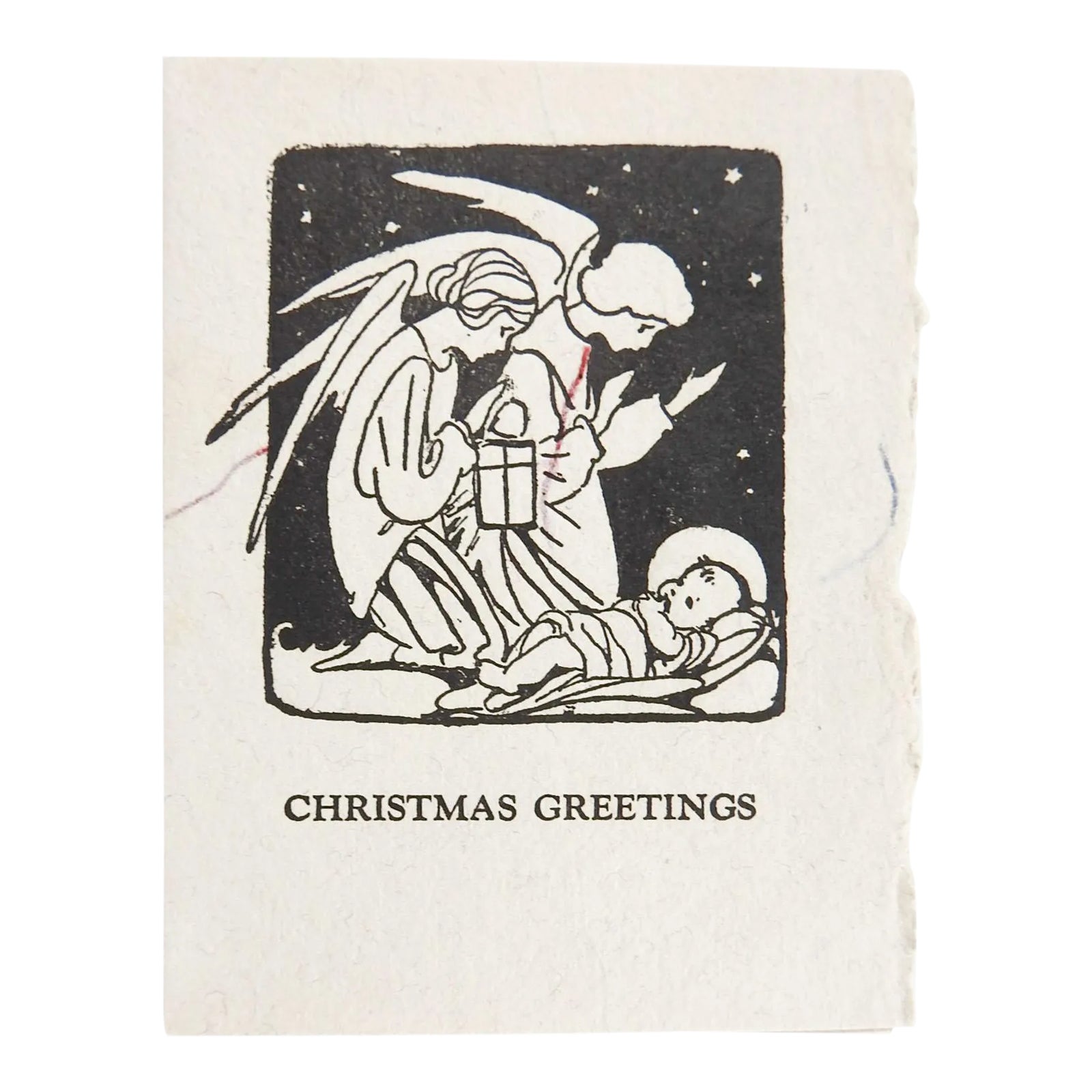 Tiny Vintage 1930 Angel Block Print Christmas Card | Chairish