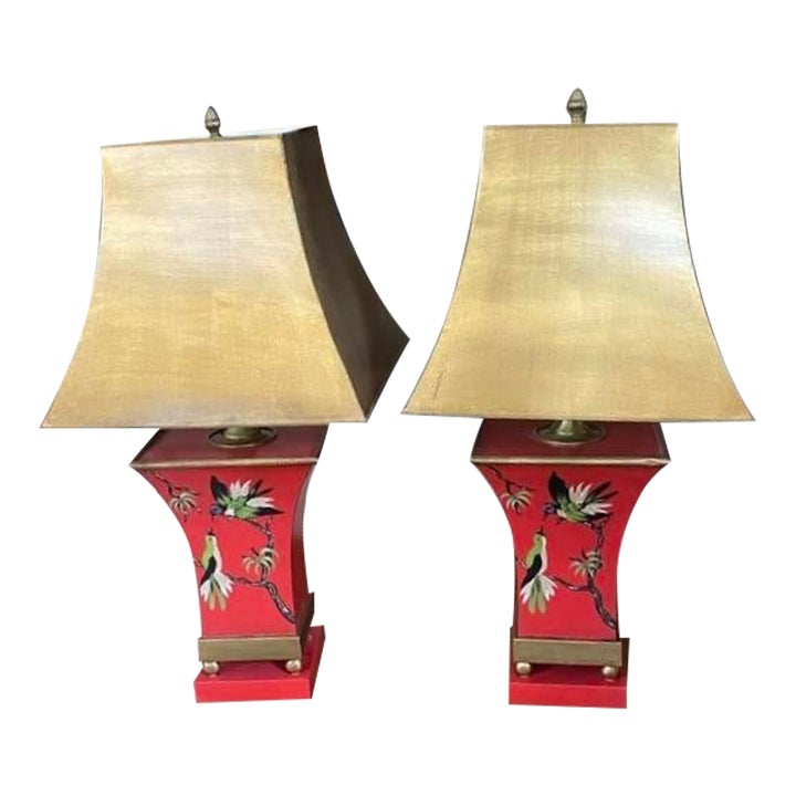 Pair Worlds Away Painted Tole Lamps With Metal Shades | Chairish