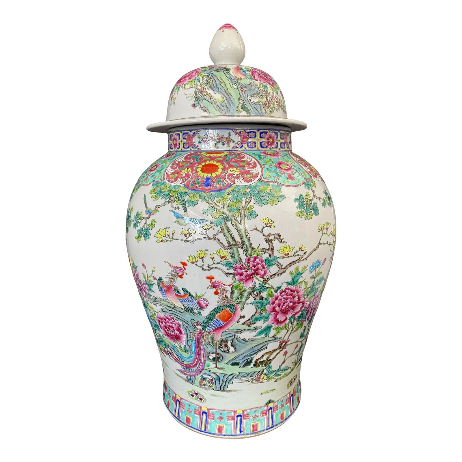 Lg Chinoiserie Famille Rose Porcelain Ginger Jar 26" H | Chairish