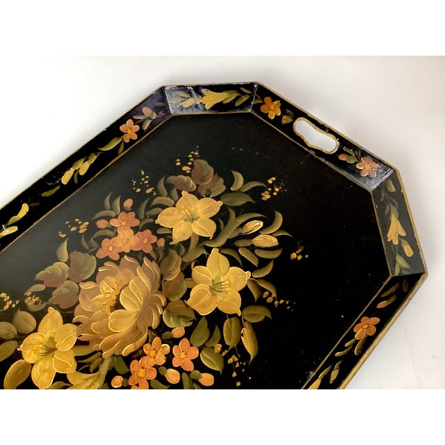 Vintage Hand Painted Floral Tole Serving Tray | Chairish