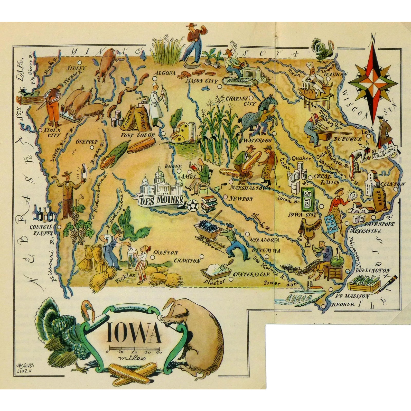 Vintage 1946 Iowa Pictorial Map | Chairish