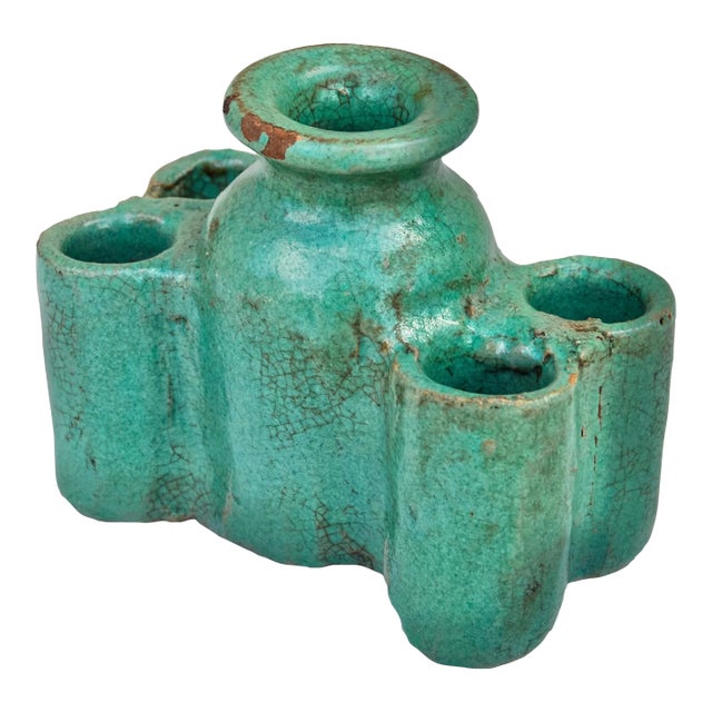 Antique Handcrafted Moroccan Green Ceramic Inkwell & Catchall | Chairish