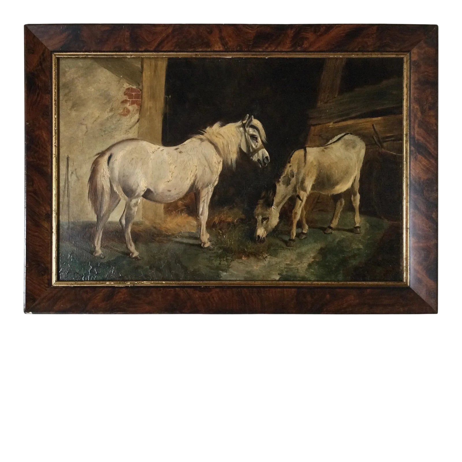 Late 19th Century Stable Scene Oil Painting on Board, Framed | Chairish