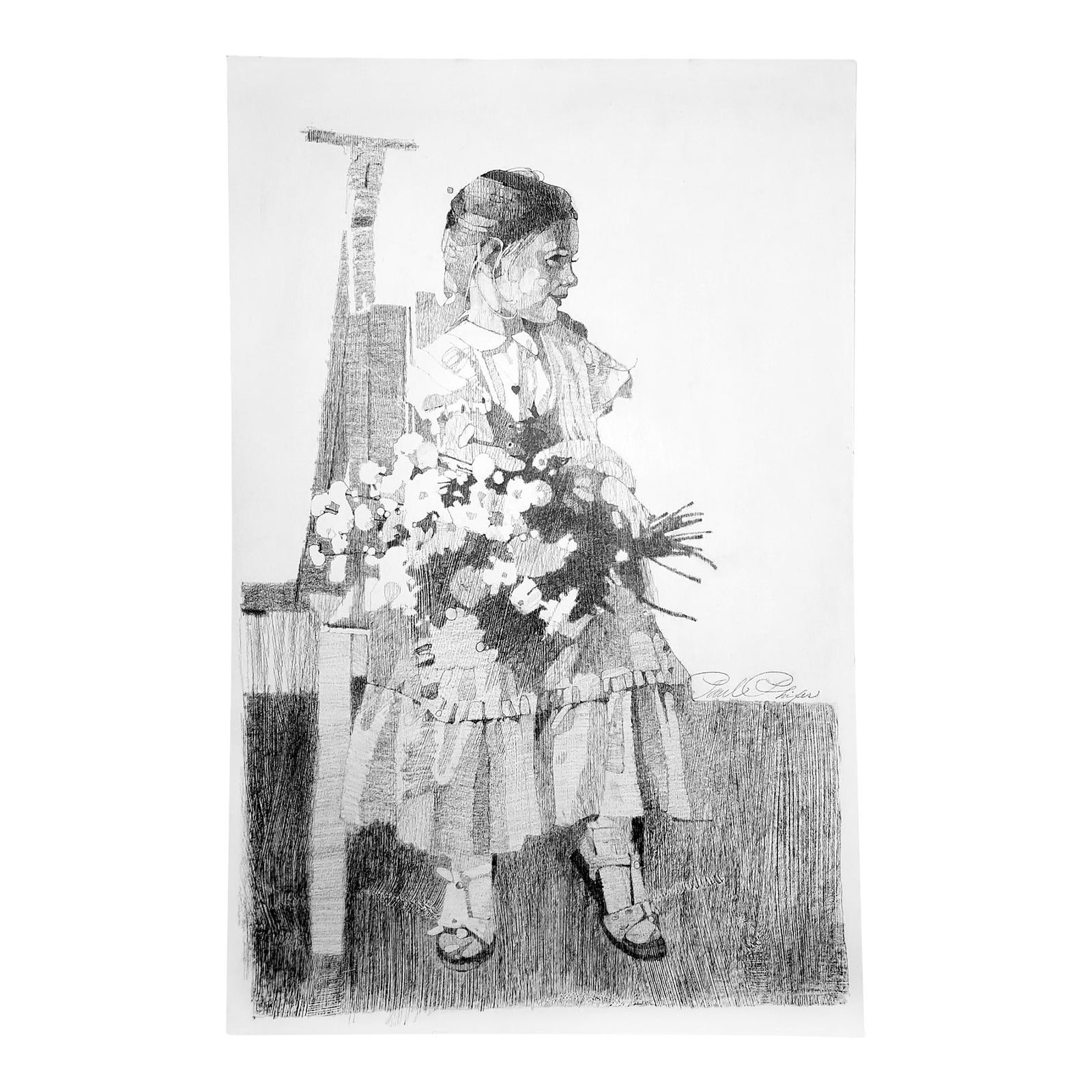 Original Paul Phifer Drawing on Art Board Girl Sitting With Bouquet ...