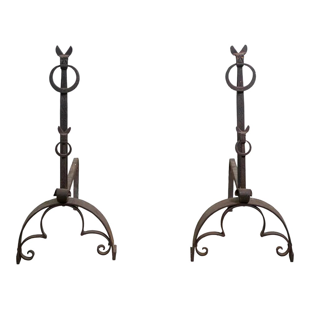 Vintage Primitive Forged Iron Dog Head Andirons- a Pair | Chairish