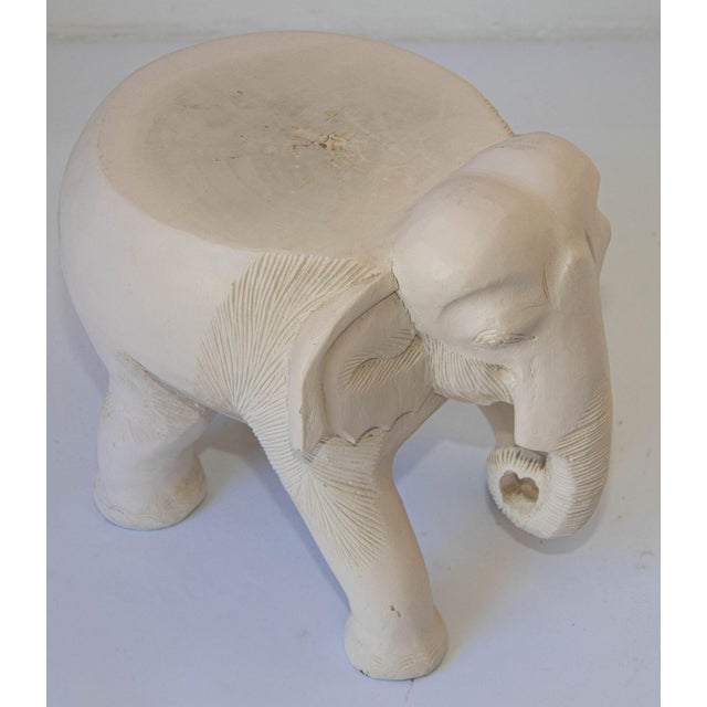 Large Vintage White Hand-Carved Wood Elephant Stand Side Table | Chairish