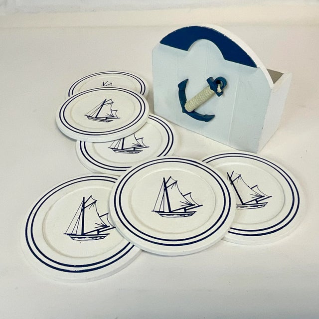 1990s Coastal Chic Wooden Sailboat Coasters With Anchor Motif Caddy Set ...
