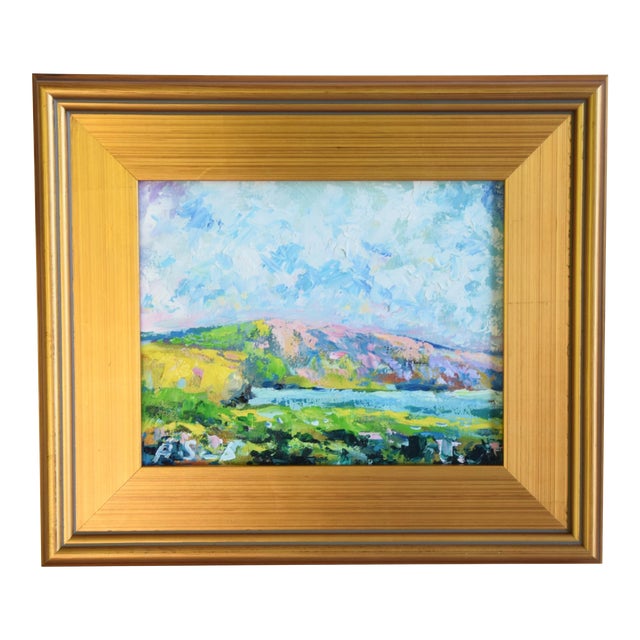 Impressionist Landscape Mountains Oil Painting W/ Antiqued Gold Wood ...