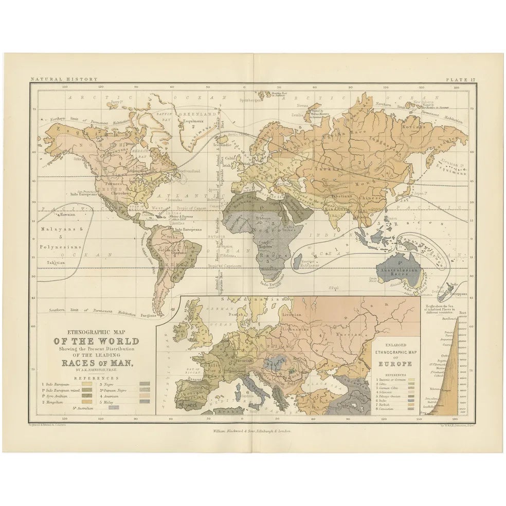 Ethnographic Map of the World by A.K. Johnston, 1852 | Chairish