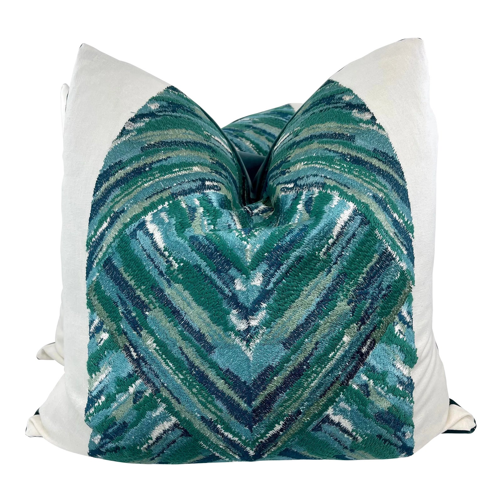 Embroidered Linen in Teal/Green 22" Pillows-A Pair | Chairish