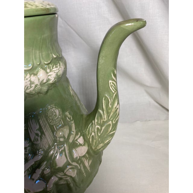 Vintage Green Raised Relief Pottery Ceramic Pitcher with Lid | Chairish