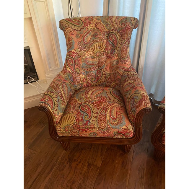 Large Comfortable Paisley & Mahogany Tall Back Club Chairs- a Pair ...