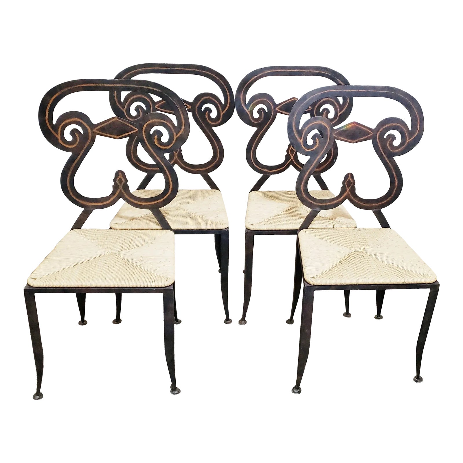 Set of 4 Vintage Whimsical Mid-Century Modern Painted Black Iron & Rush ...