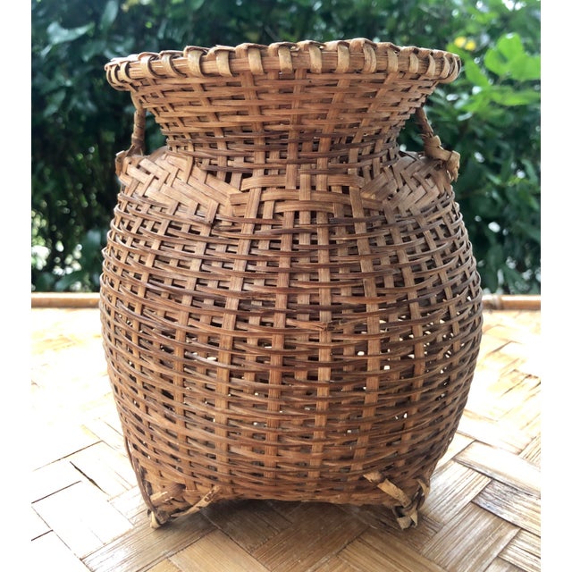 Antique Asian Natural Woven Wicker Rattan Footed Basket Urn | Chairish