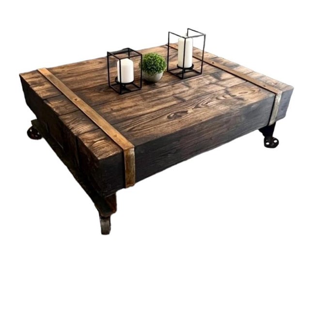 Vintage Coffee Table with Iron and Steel Beams and Wooden Blocks on ...