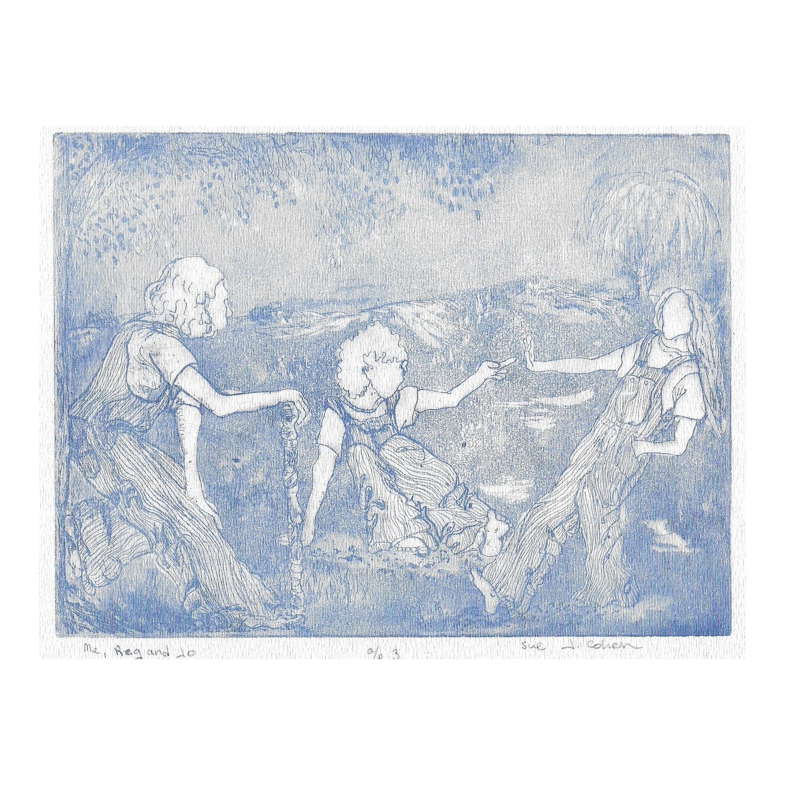 Sue Cohen Me Reg & Jo Figural Blue Etching | Chairish