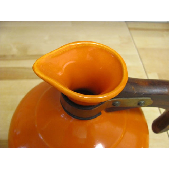 Vintage Bauer Wood Handle Pitcher in an Orange Glaze | Chairish