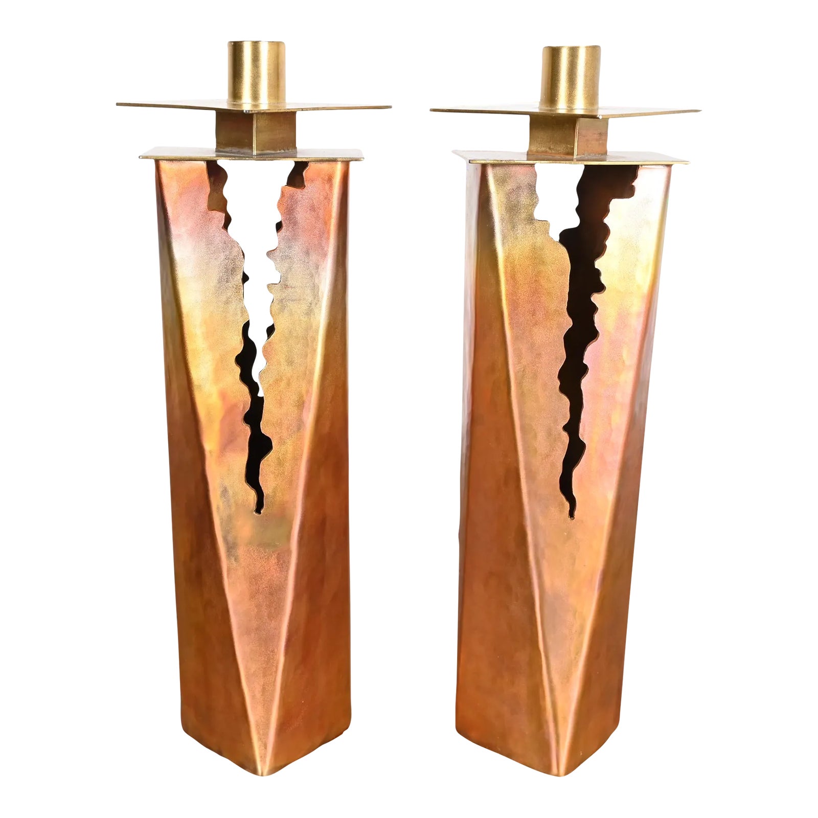 Paul Evans Style Brutalist Hand Wrought Copper Candlesticks, Circa ...