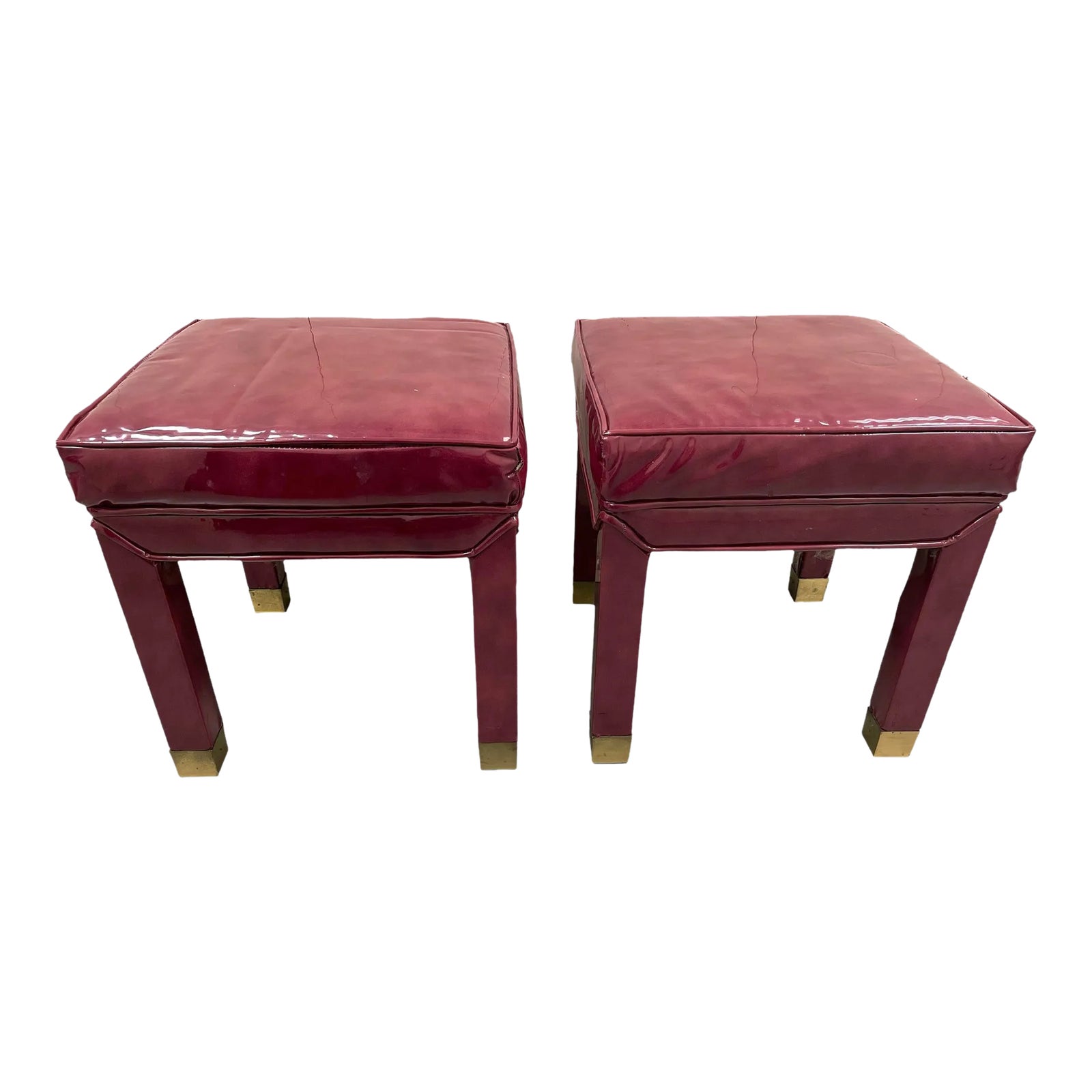 Milo Baughman Style Patent Leather Parsons Stools With Brass Caps ...