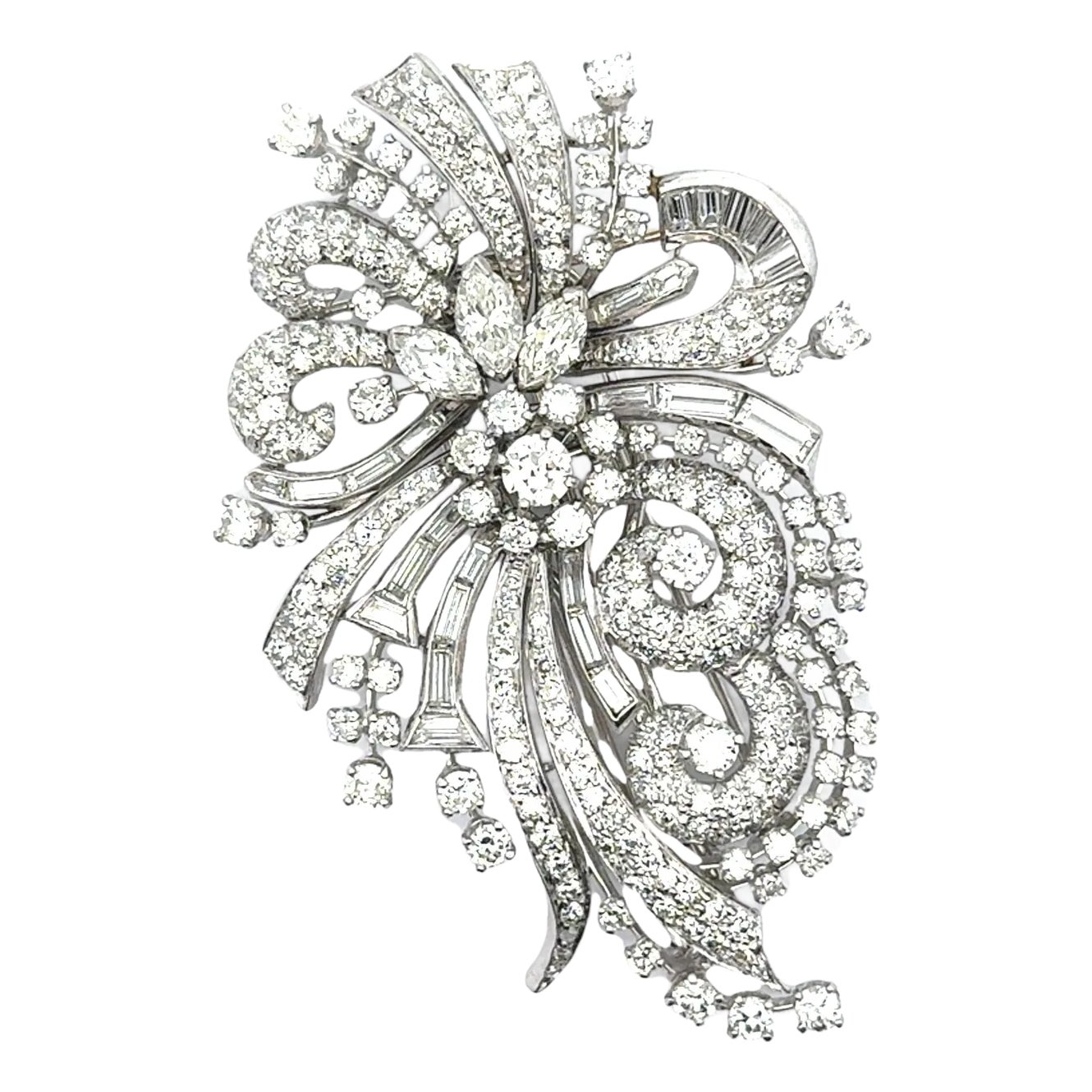 Mid-Century Diamond 18k White Gold Floral Spray Double-Clip Brooch ...