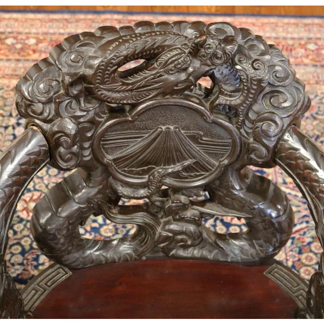 Pair of Antique Teak Japanese Meiji Carved Dragon Chairs | Chairish