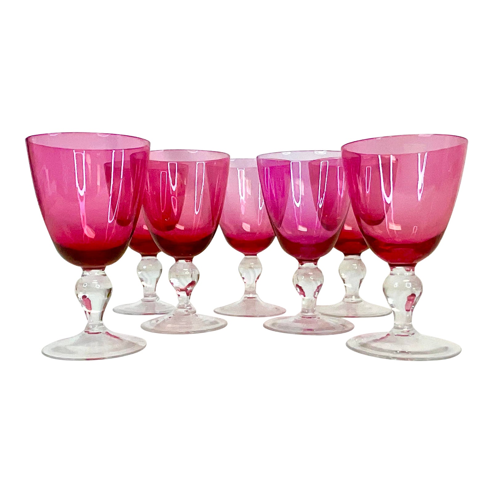 Vintage French Hand Blown Cerise Cut to Clear Wine or Water Goblets ...