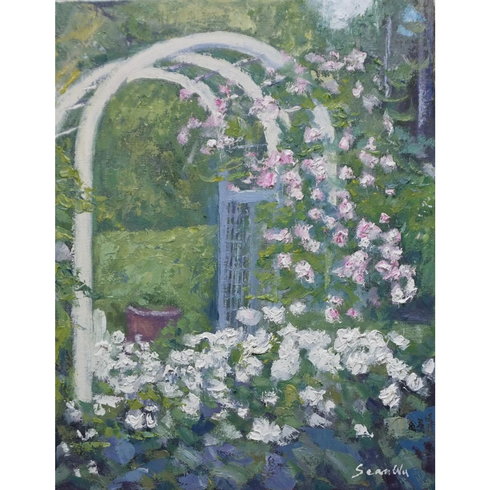 Original Impressionist Oil Painting, White Arch in the Garden | Chairish